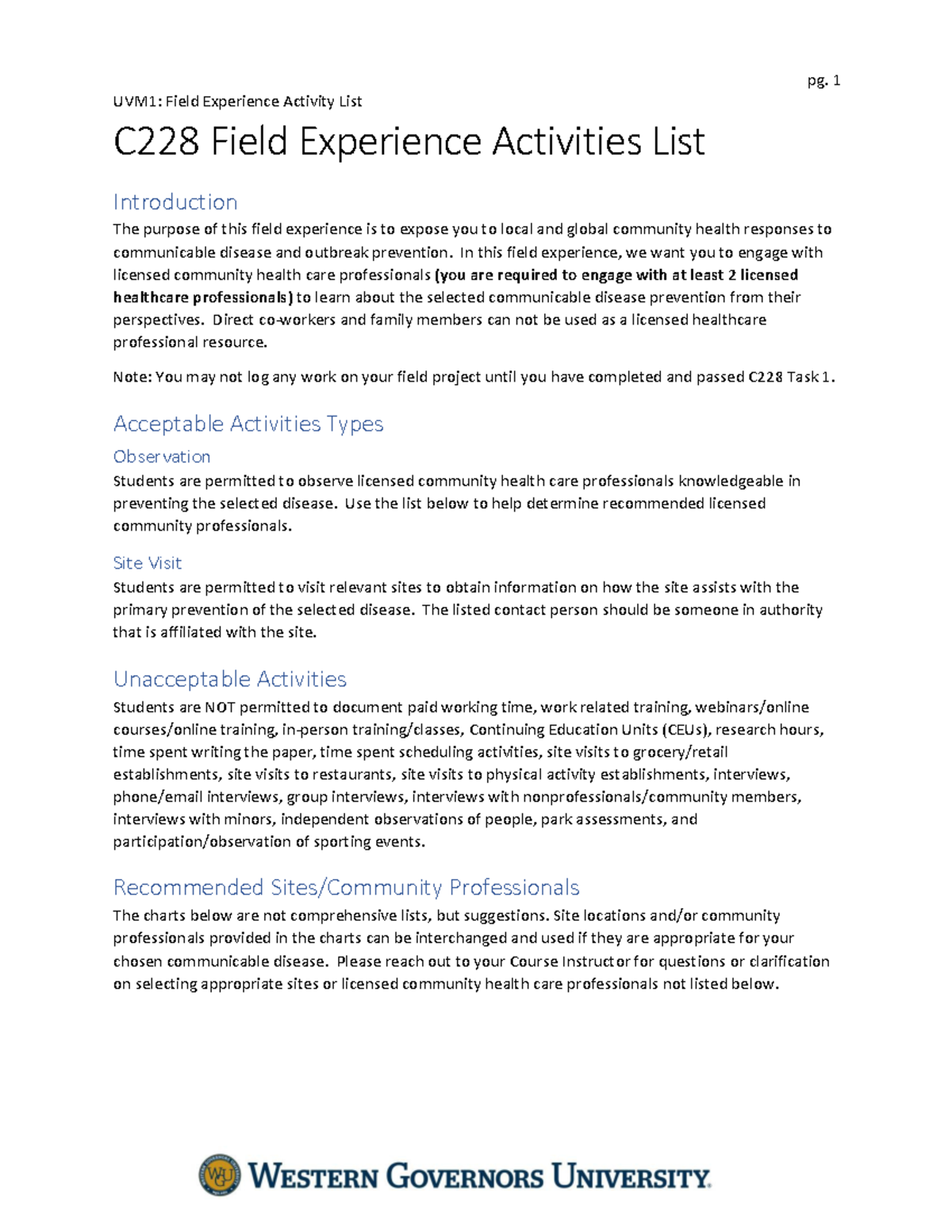 Field Experience Activities List - UVM1: Field Experience Activity List ...