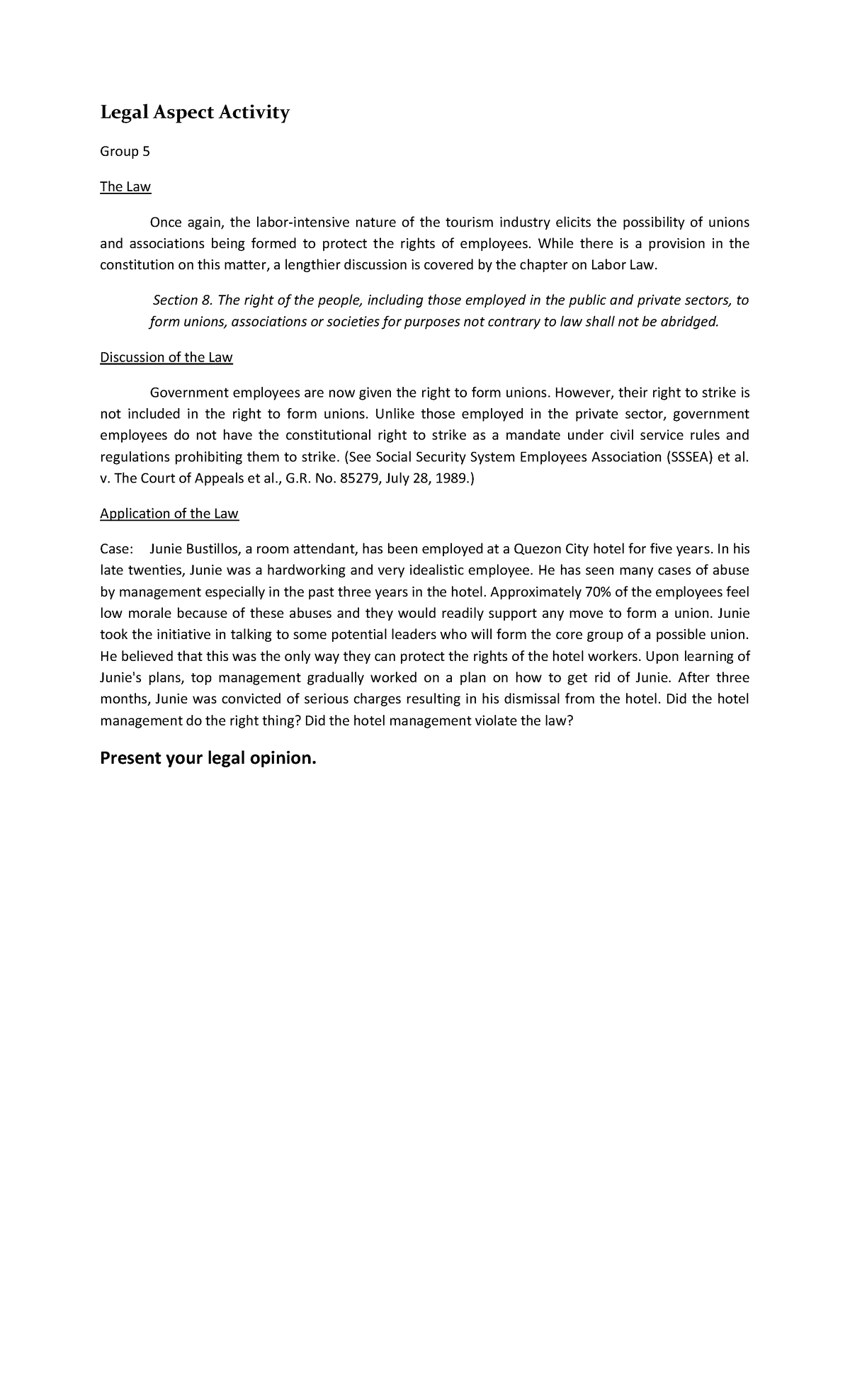 Legal-Aspect Case-5 - Just - Legal Aspect Activity Group 5 The Law Once ...