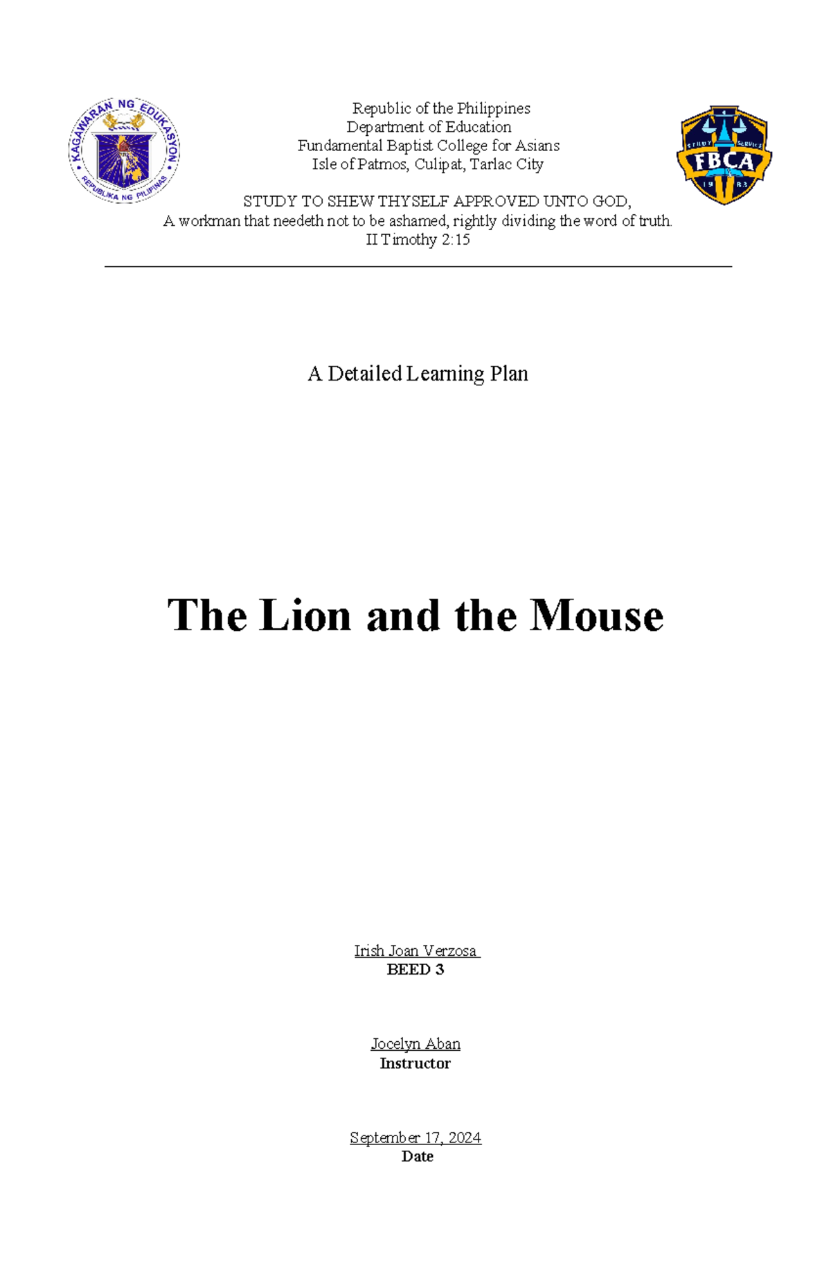 DLP - The Lion and the Mouse Lesson Plan for BEED 3 Students - Studocu