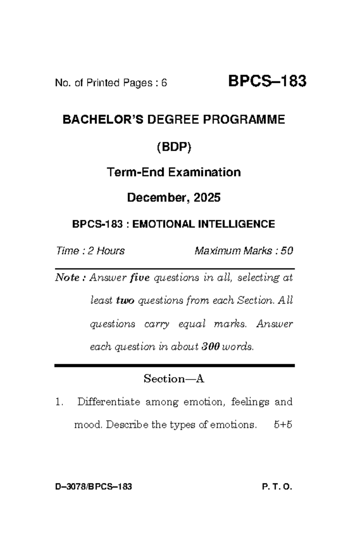 BPCS-183 - Emotional Intelligence Exam Paper December 2025 - Studocu