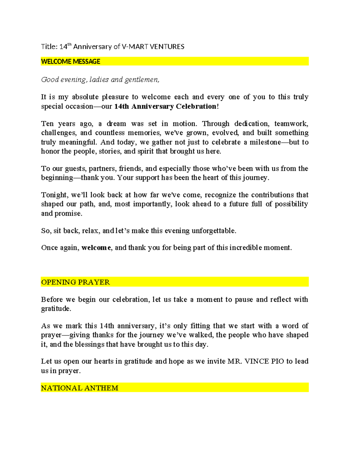 14TH Anniversary Celebration Script for VENTURES Event - Studocu