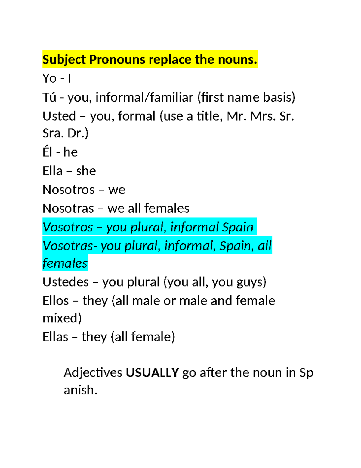 Spanish Review: Pronouns, Adjective-Noun Agreement & Articles - Studocu