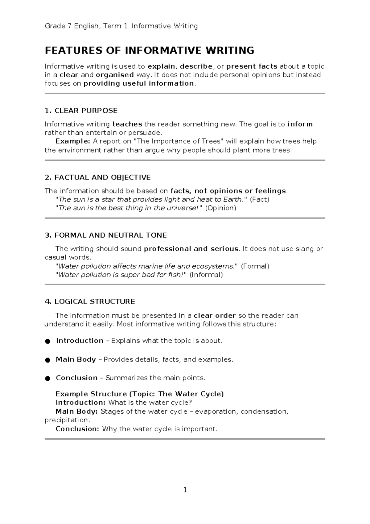 Grade 7 English - Worksheet on Features of Informative Writing - Studocu