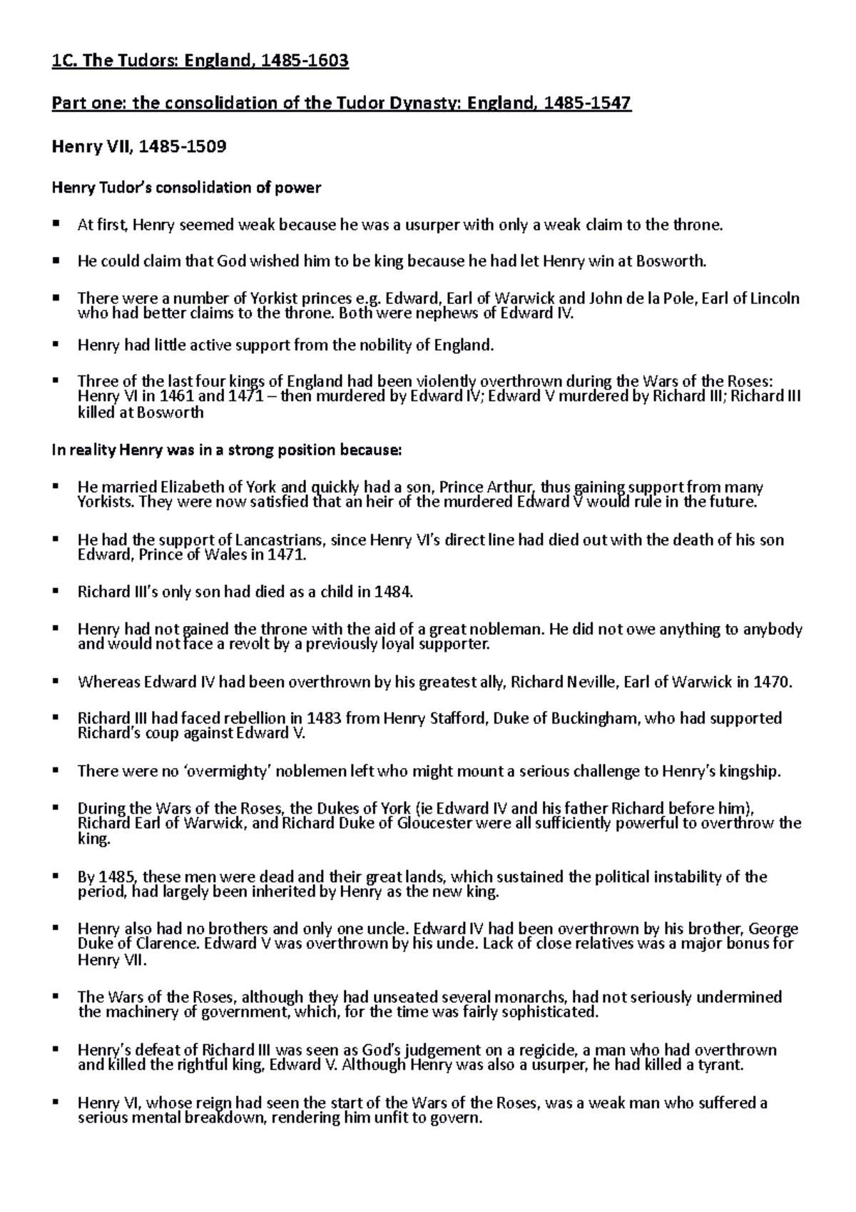 1C The Tudors (1485-1603) - England Revision Notes for Study - Studocu
