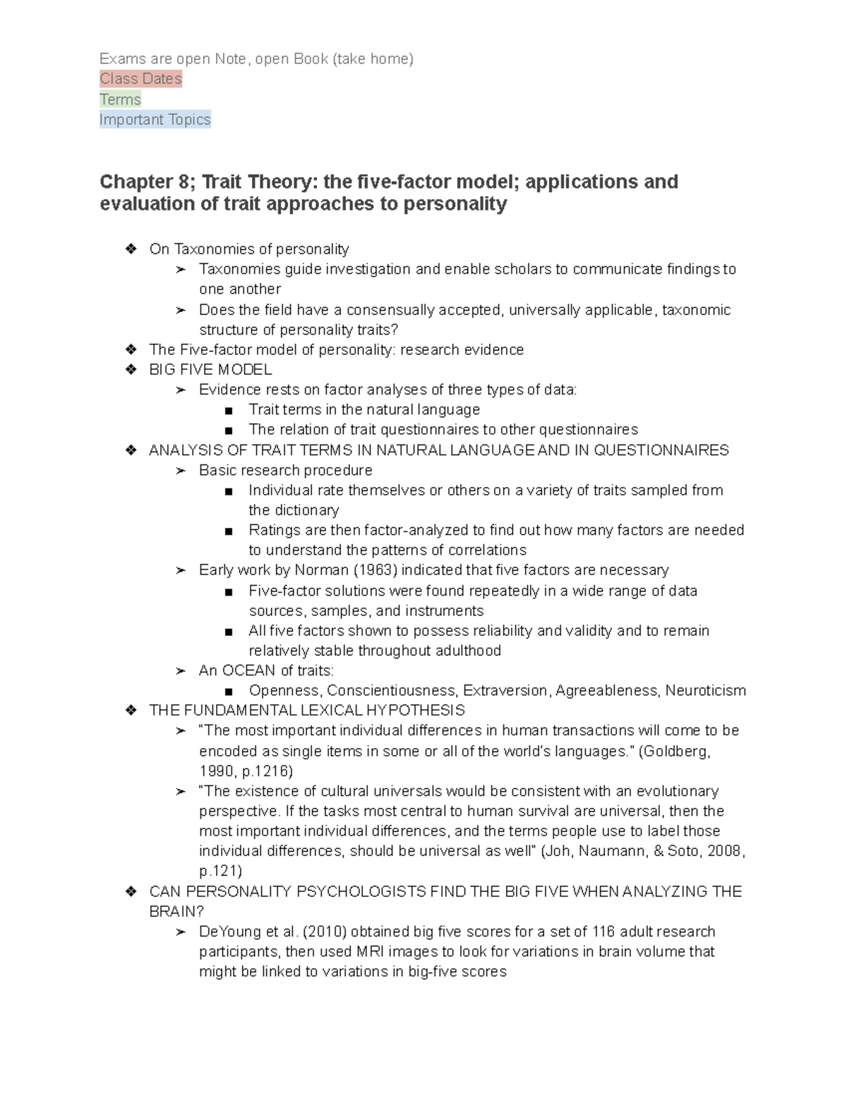 Cass Notes #2 - Class Dates Terms Important Topics Chapter 8; Trait ...