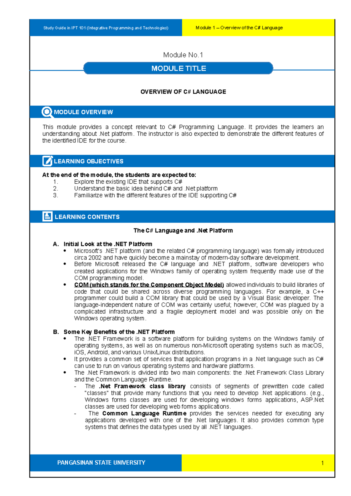 SG1-IPT-101 - Overview of C# Language and .NET Framework - Studocu