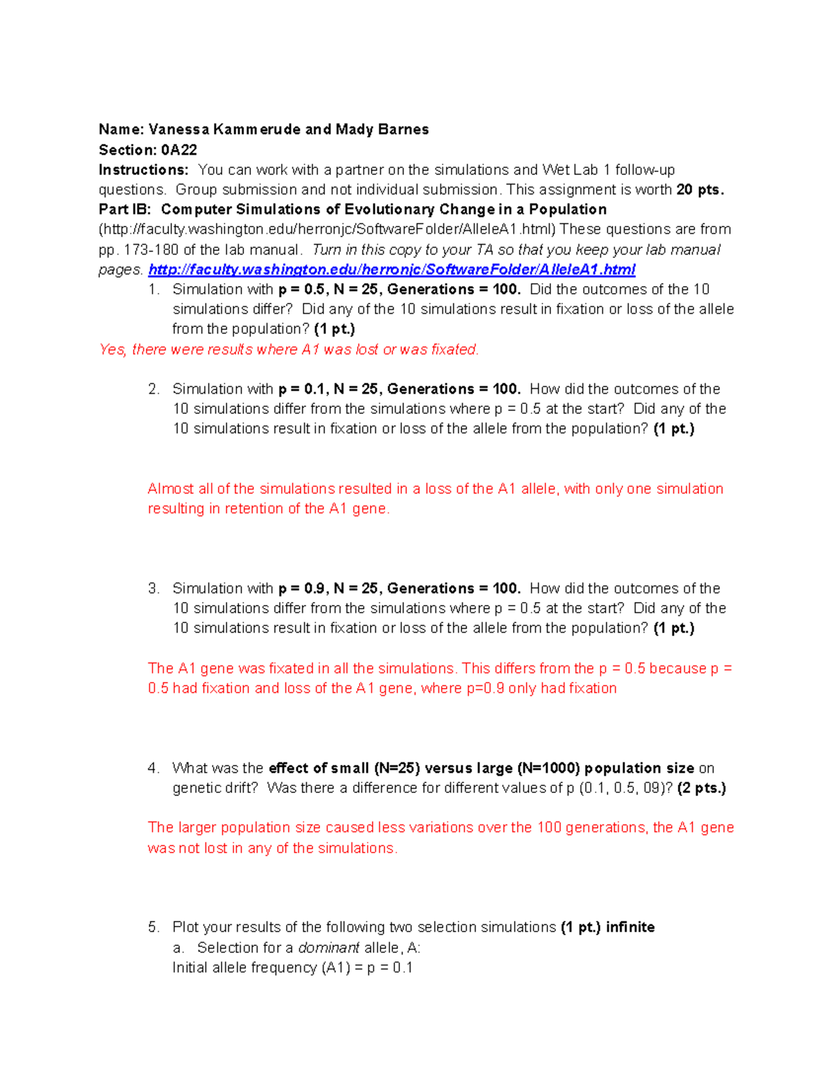 Bio worksheet 5 - lab - Name: Vanessa Kammerude and Mady Barnes Section ...