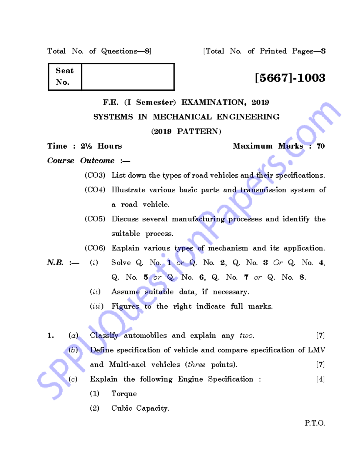 F.E. (I Sem) 2019 Exam: Systems in Mechanical Engineering Guide - Studocu