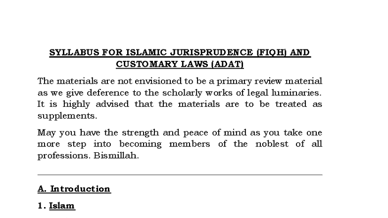 SYLLABUS FOR ISLAMIC JURISPRUDENCE (FIQH) AND CUSTOMARY LAWS (ADAT ...