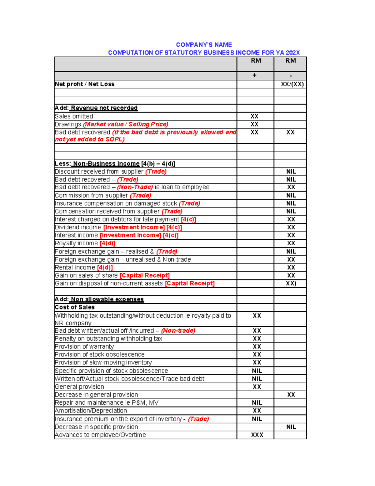 Company Tax Computation Format for YA 202X - Studocu
