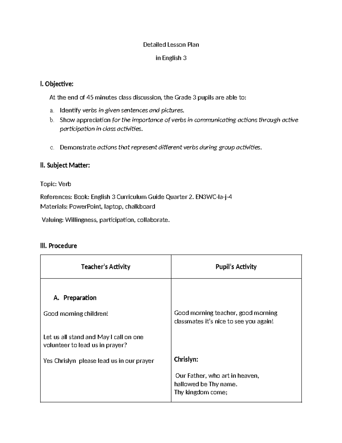 DLP English 3: Lesson Plan on Verbs for Grade 3 Students - Studocu