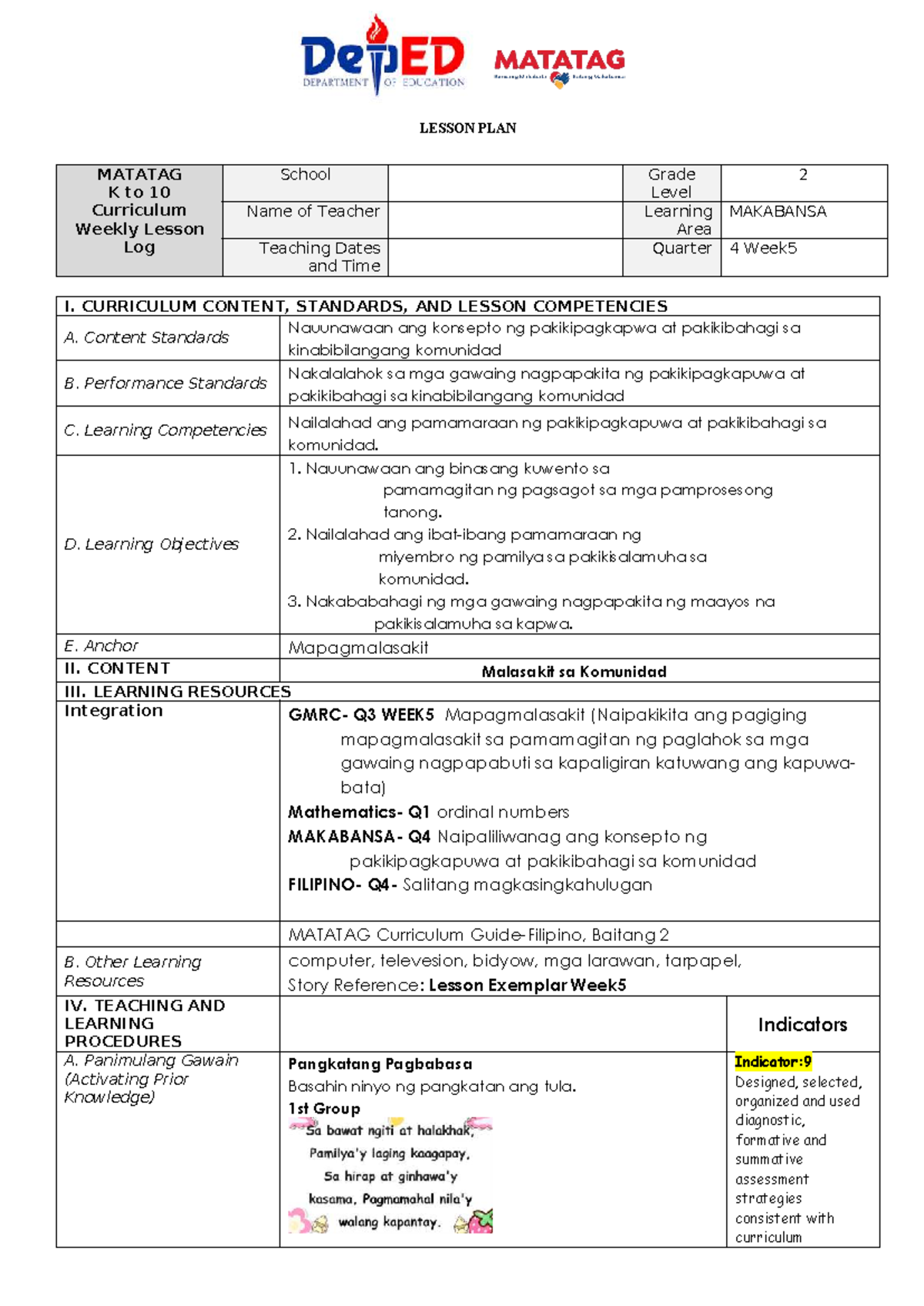 WEEK 5 LESSON PLAN: MATATAG K to 10 Curriculum - Makabansa 4 - Studocu