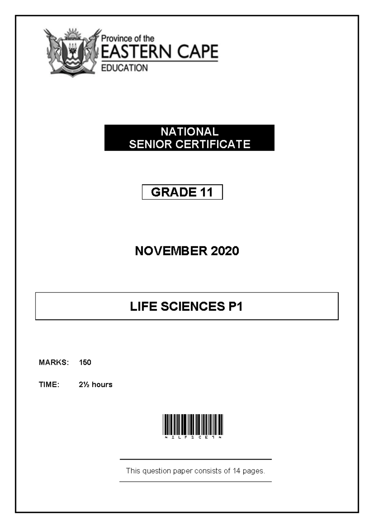 LIFE Sciences P1 Exam Paper Grade 11 November 2020 (ENG) - Studocu