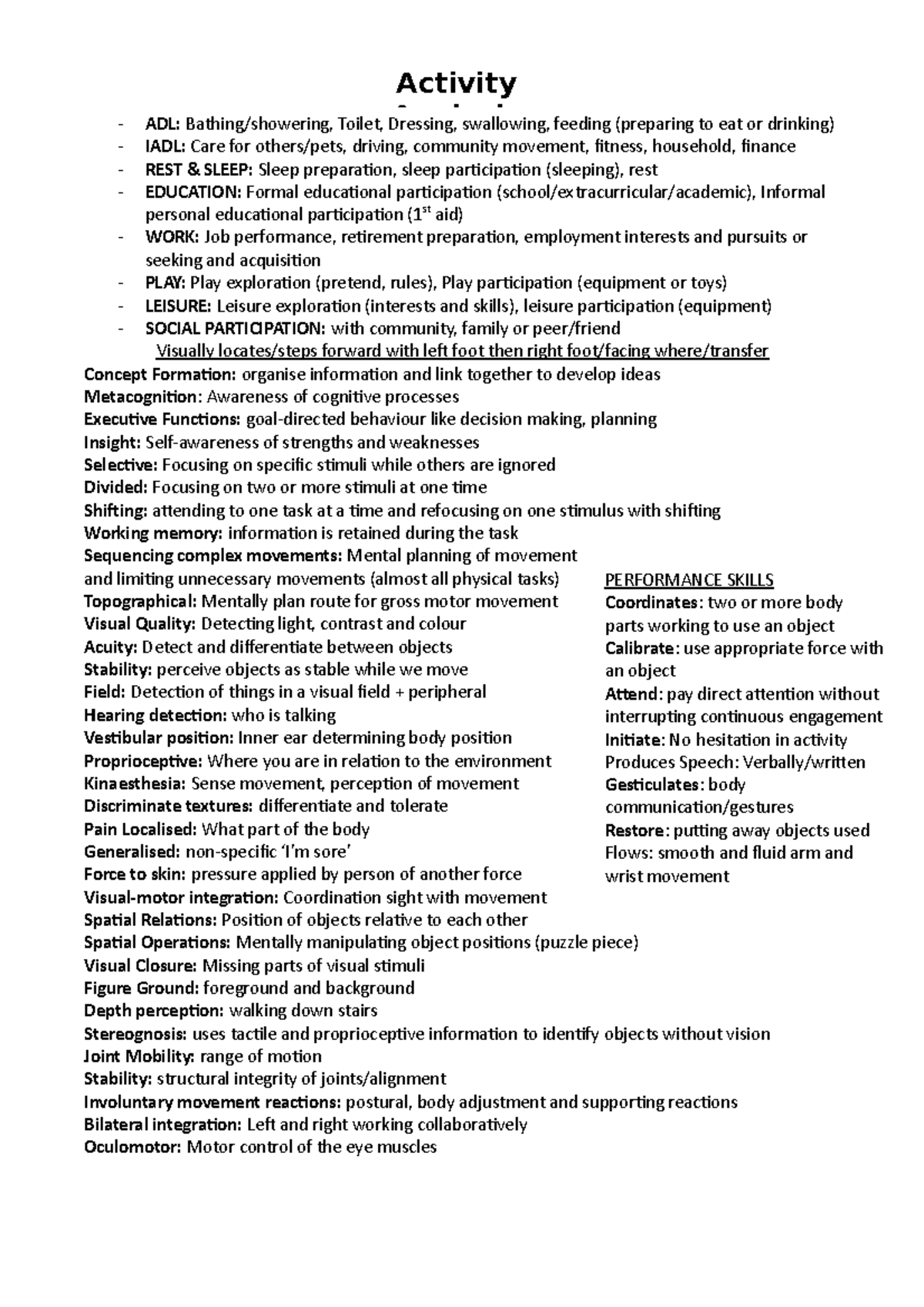 Activity Analysis (Performance Skills) Cheat Sheet - Studocu