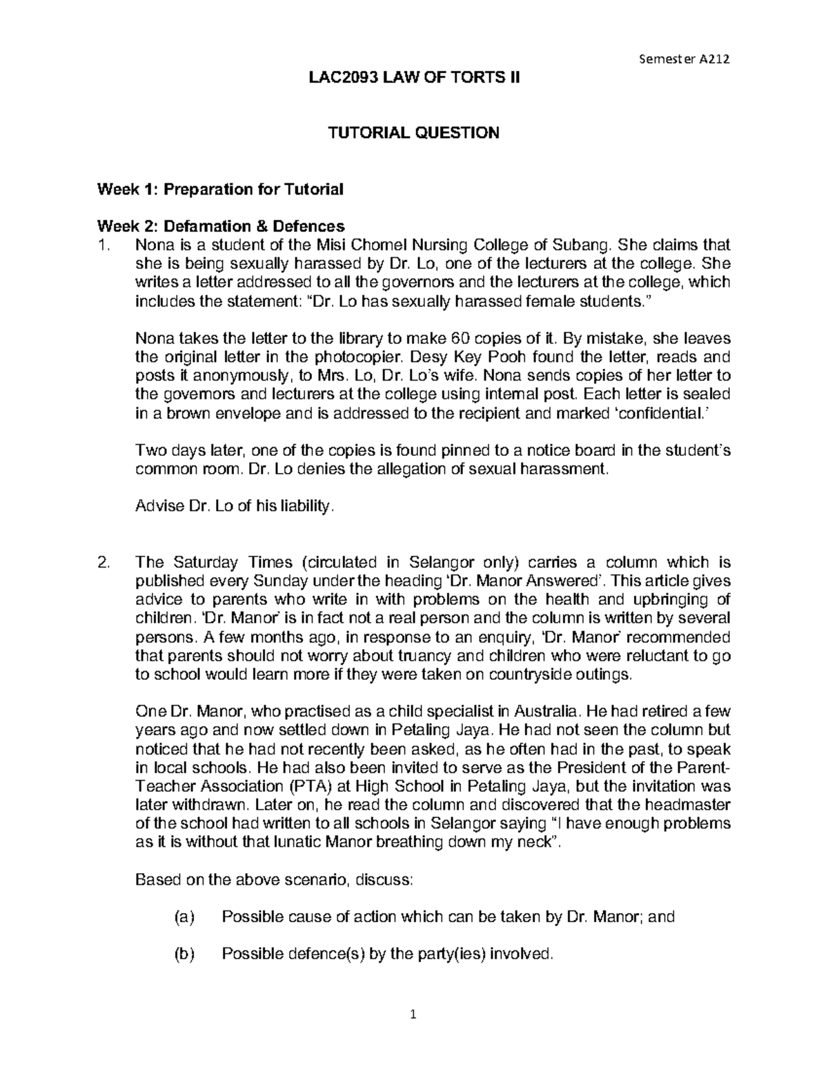 tutorial question - LAC2093 LAW OF TORTS II TUTORIAL QUESTION Week 1 ...