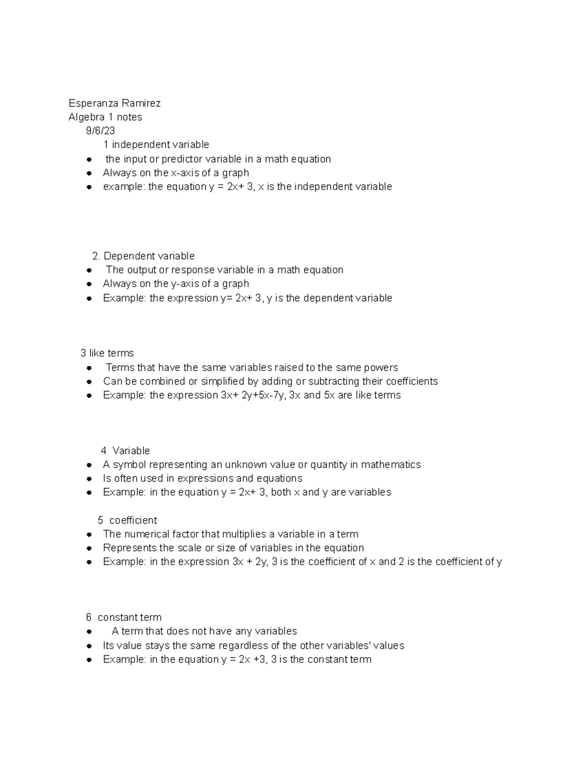 Unit 2 notes upload - Esperanza Ramirez Algebra 1 notes 9/6/ 1 ...