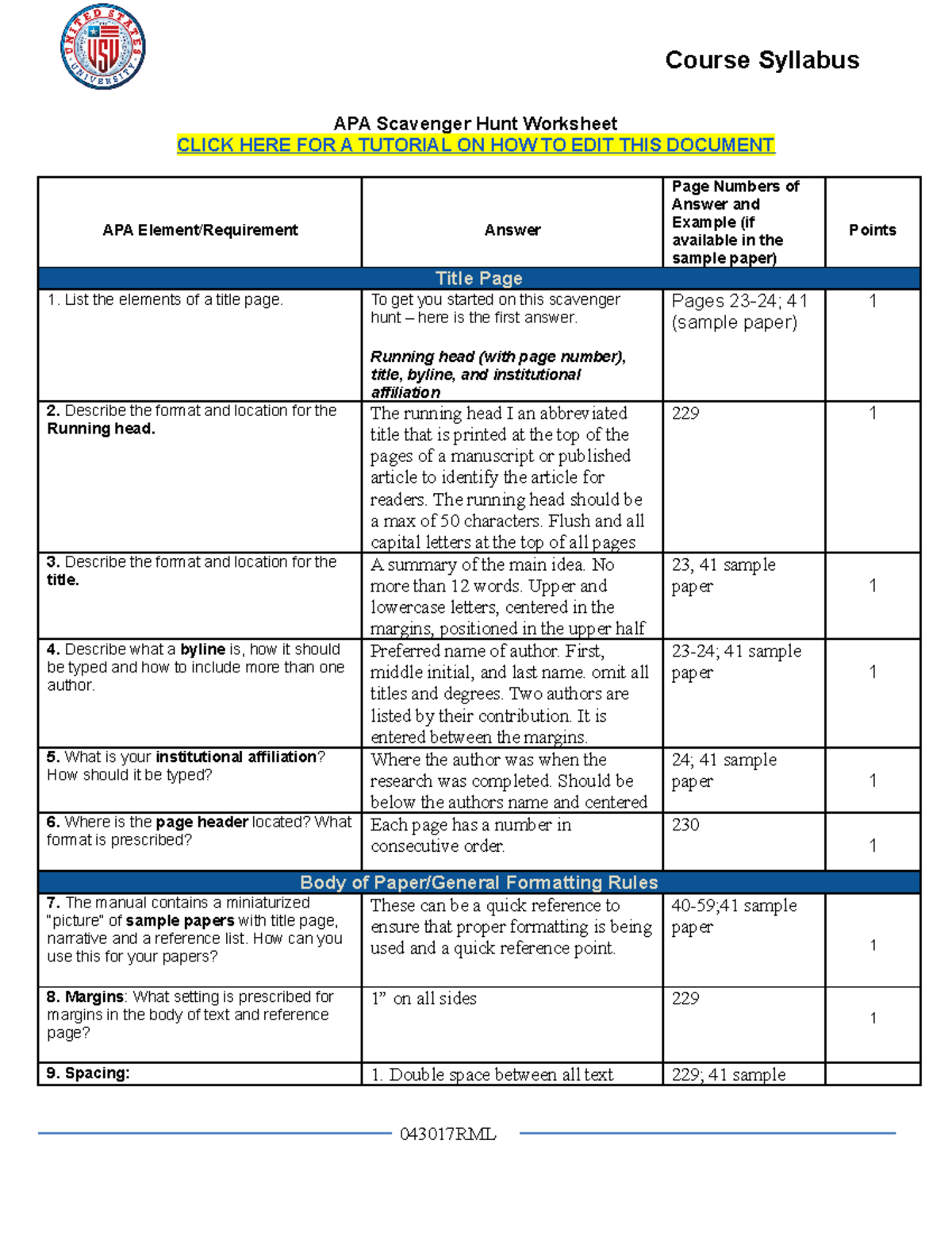 APA Scavenger Hunt Worksheet for Formatting and Style Guidelines - Studocu
