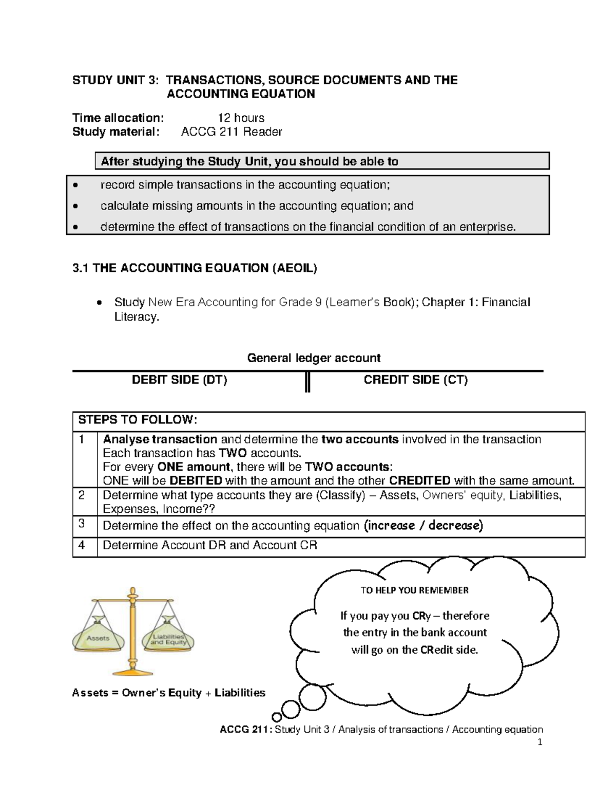 ACCG 211 Study Unit 3 Reader 3 - ACCG 211: Study Unit 3 / Analysis of ...