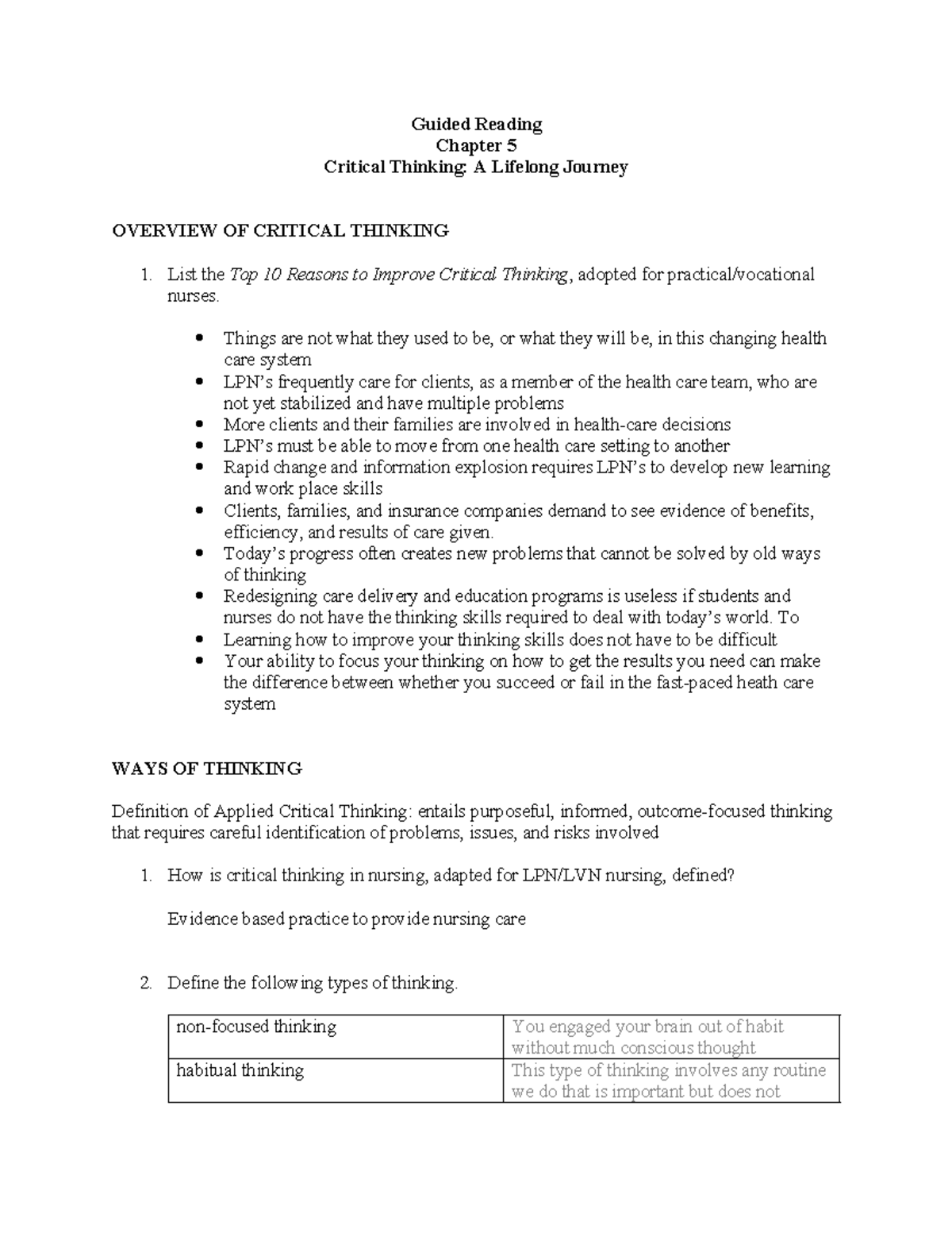 PN 113 Chapter 5 Guided Reading: Understanding Critical Thinking in ...