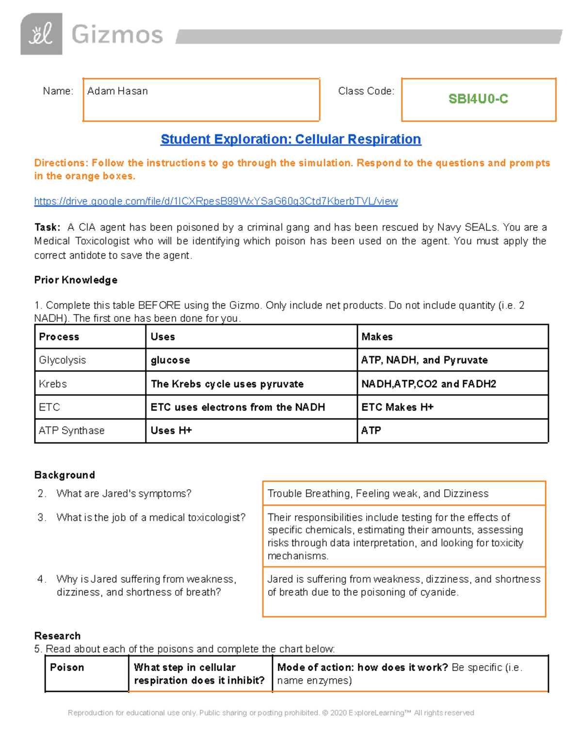 SBI4U0-C Cellular Respiration: Gizmo Simulation Exploration Notes - Studocu