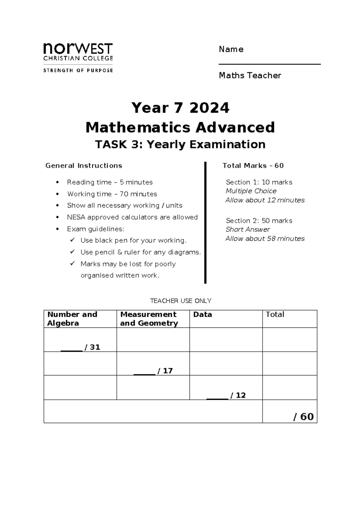 Year 7 Mathematics Advanced 2024 Yearly Exam Guide - Studocu