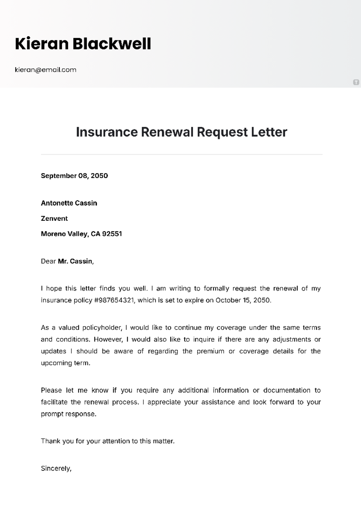 Insurance Renewal Request Letter Template - Editable & Downloadable ...