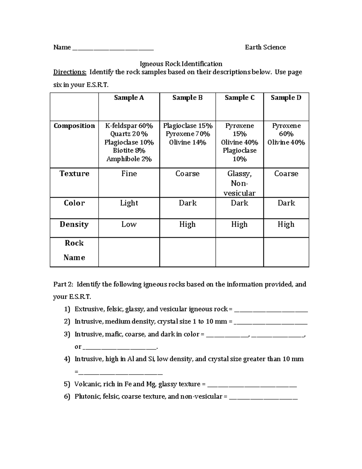 Igneous rock ID lab - Name _______________________________ Earth ...