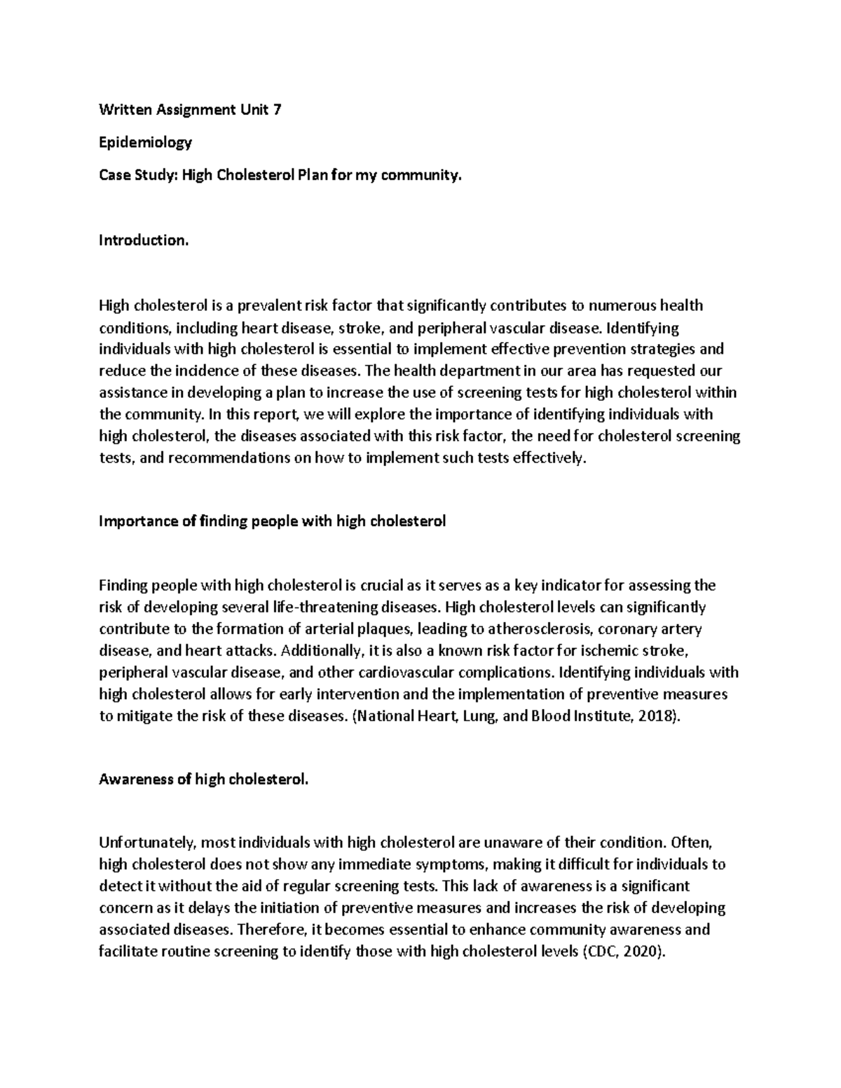 Unit 7 Epidemiology Case Study: High Cholesterol Community Plan - Studocu