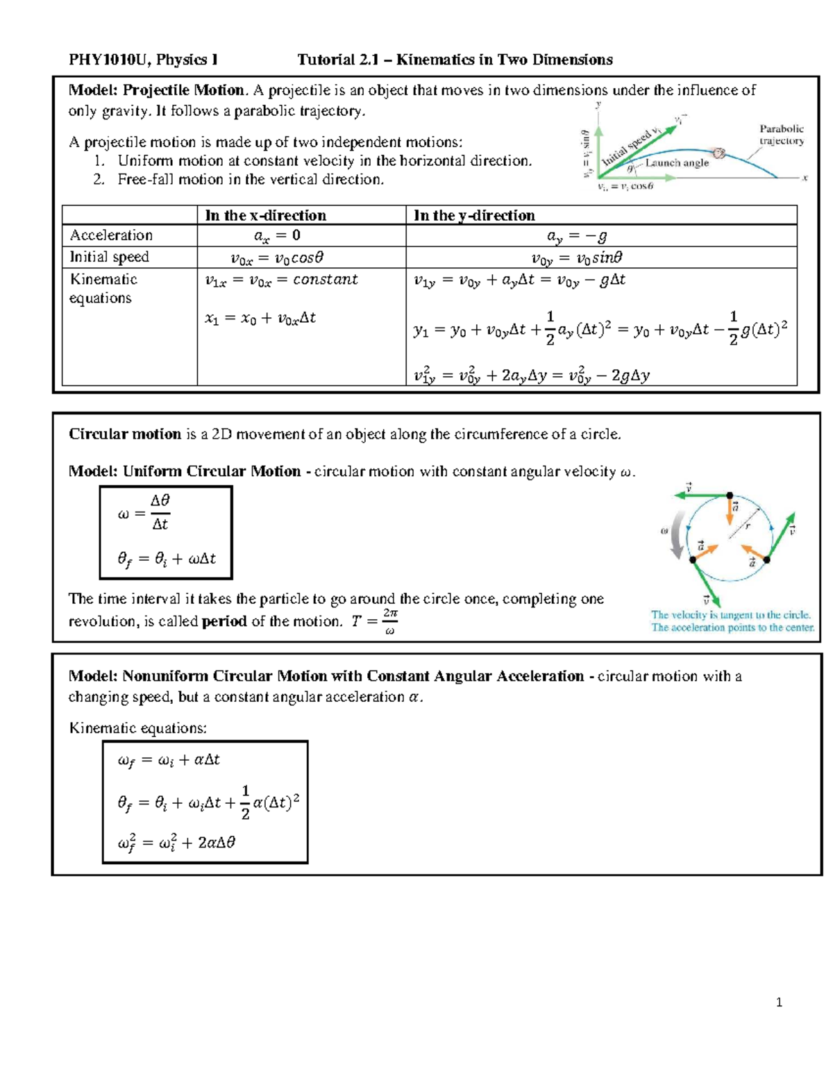 PHY1010U: Physics I Tutorial 2.1 - Kinematics & Projectile Motion - Studocu