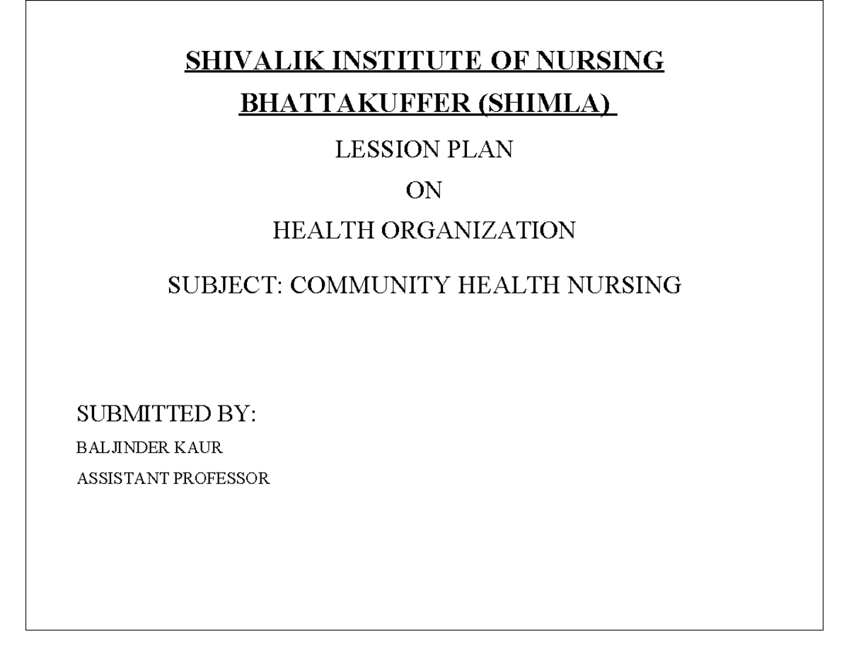 Lesson Plan: Health Organization in Community Health Nursing-II (B ...