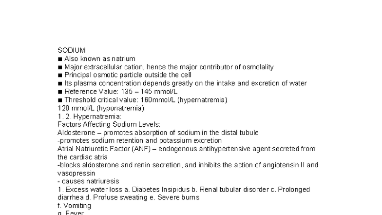 Sodium: Clinical Chemistry Overview and Key Factors - Studocu