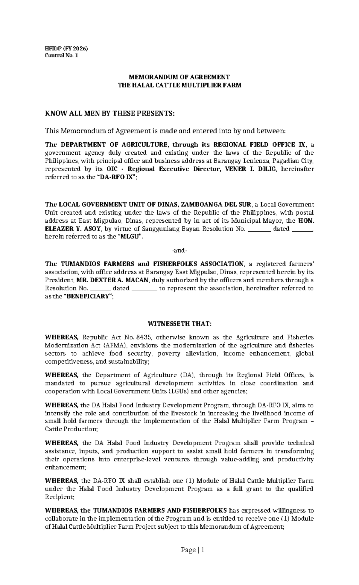 HFIDP (FY 2026) MOA for Halal Cattle Multiplier Farm in Dinas - Studocu