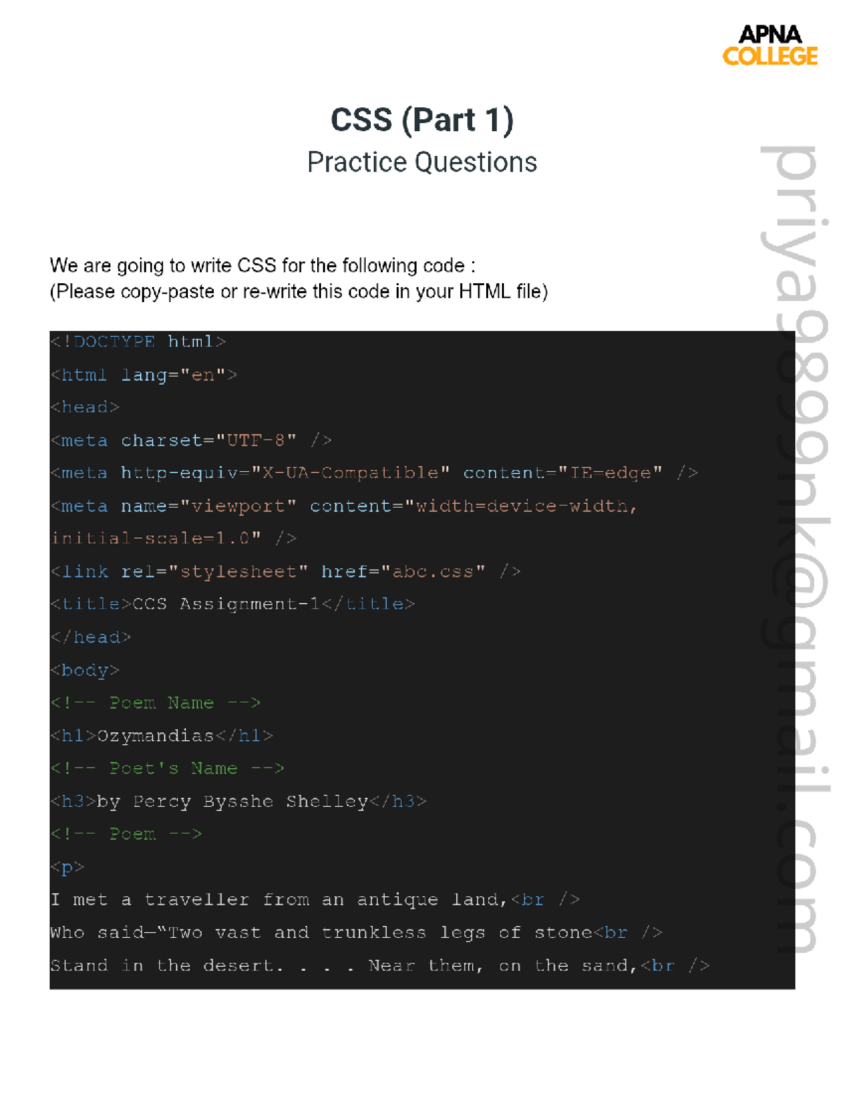 APNA COLLEGE CSS (Part 1) Practice Questions on Ozymandias - Studocu