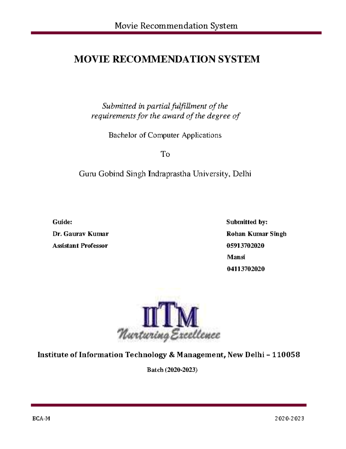 BCA-355 Movie Recommendation System Project Report (2020-2023) - Studocu