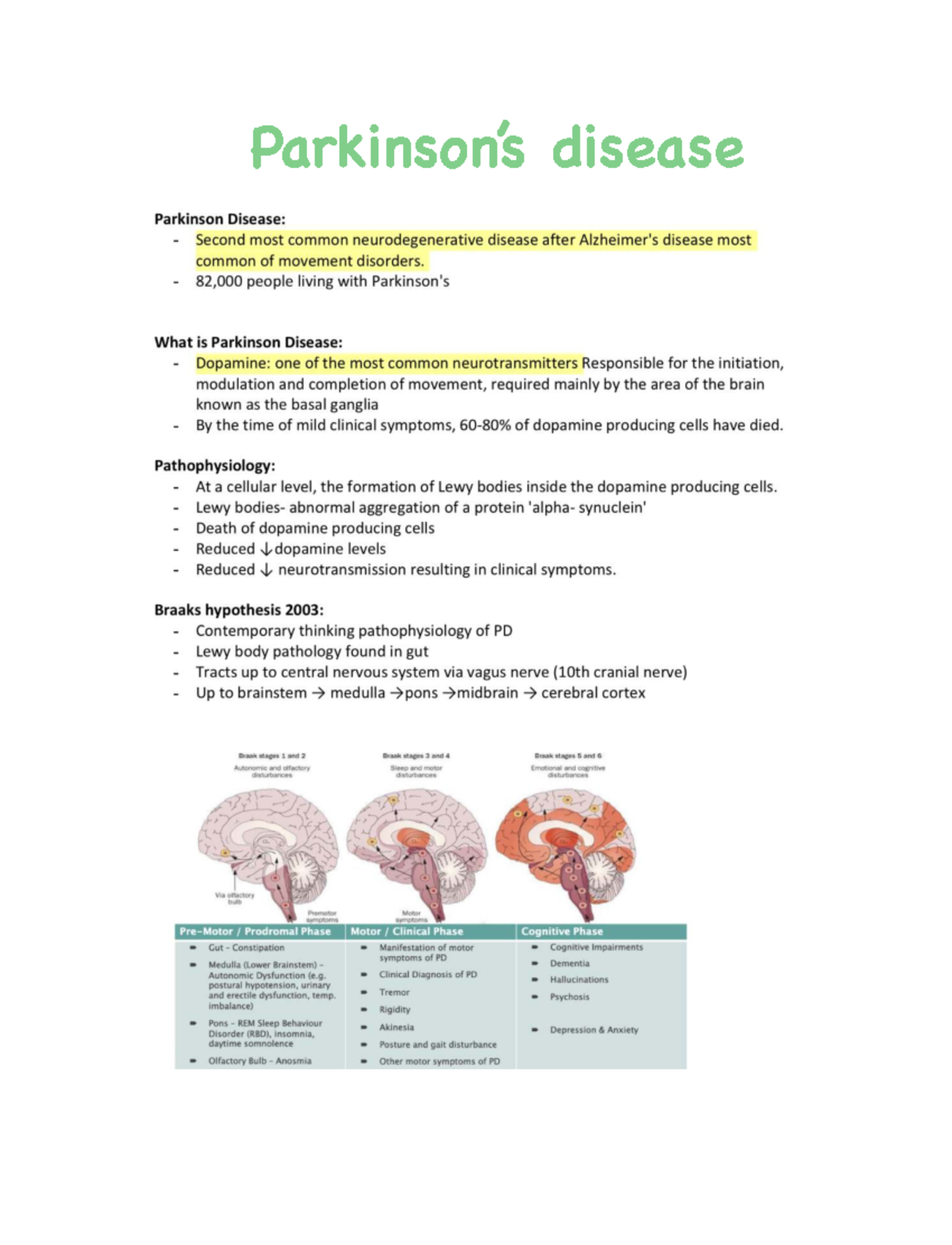 Parkinson's Disease Overview: Pathophysiology and Symptoms - Studocu