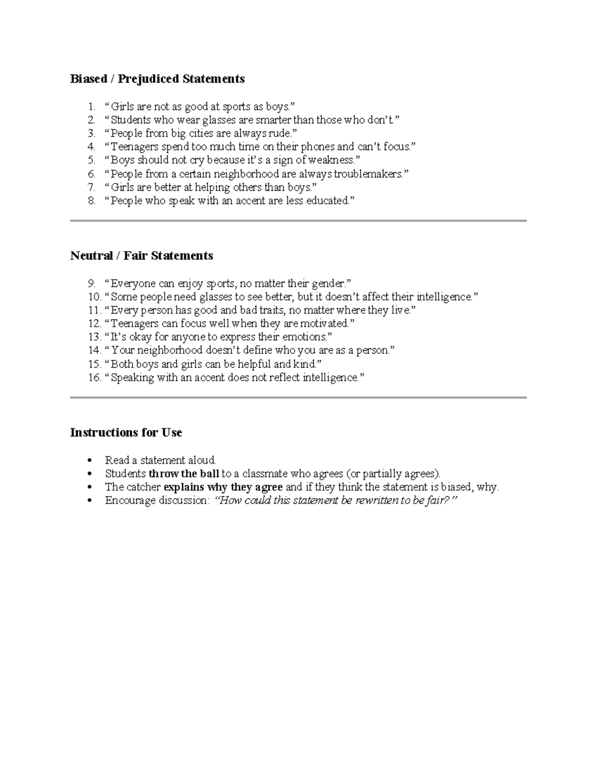 Bias and Prejudice Interactive Activity: Engaging Discussion on ...