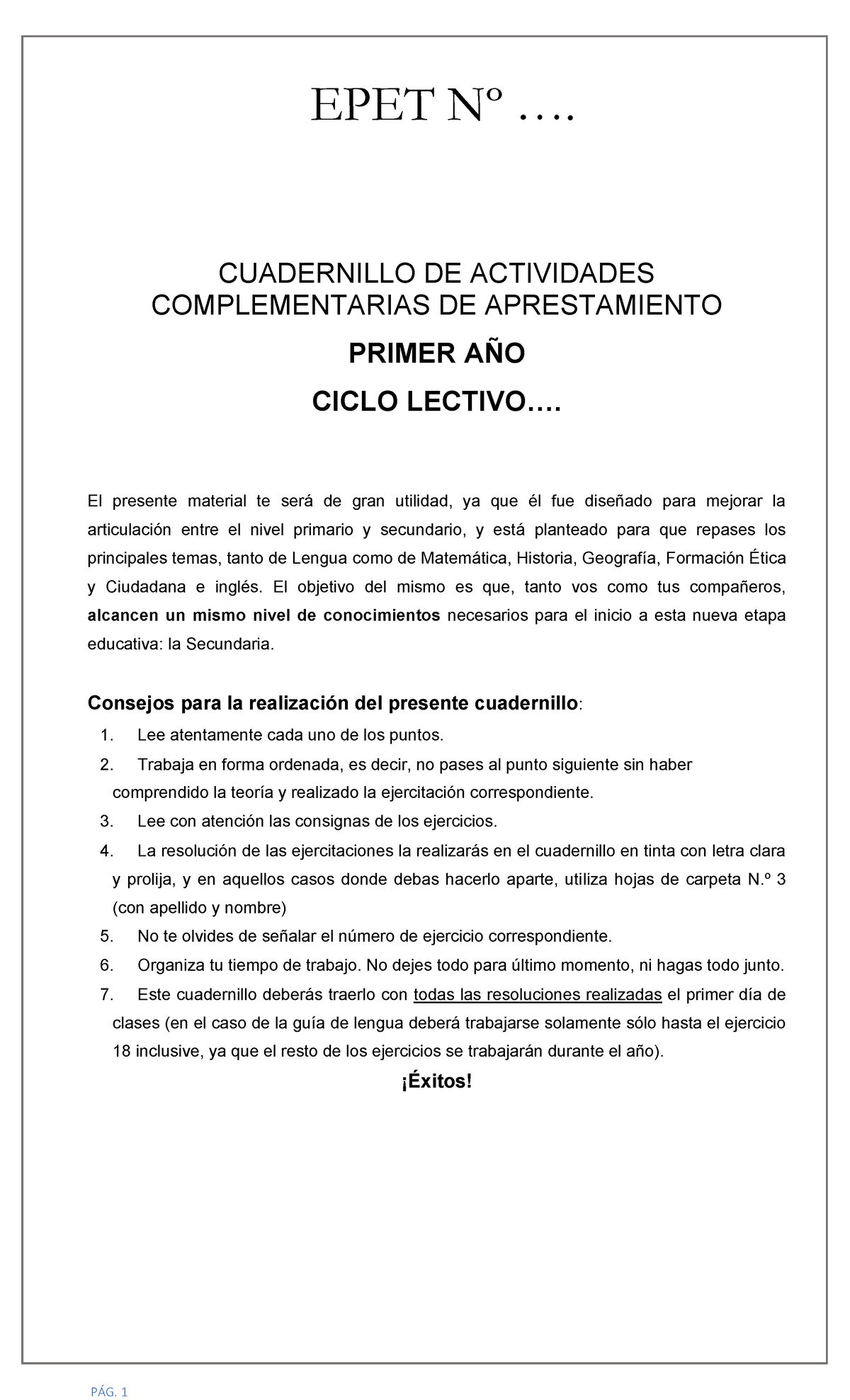 EPET 1ER CUADERNILLO DE ACTIVIDADES COMPLEMENTARIAS - Studocu