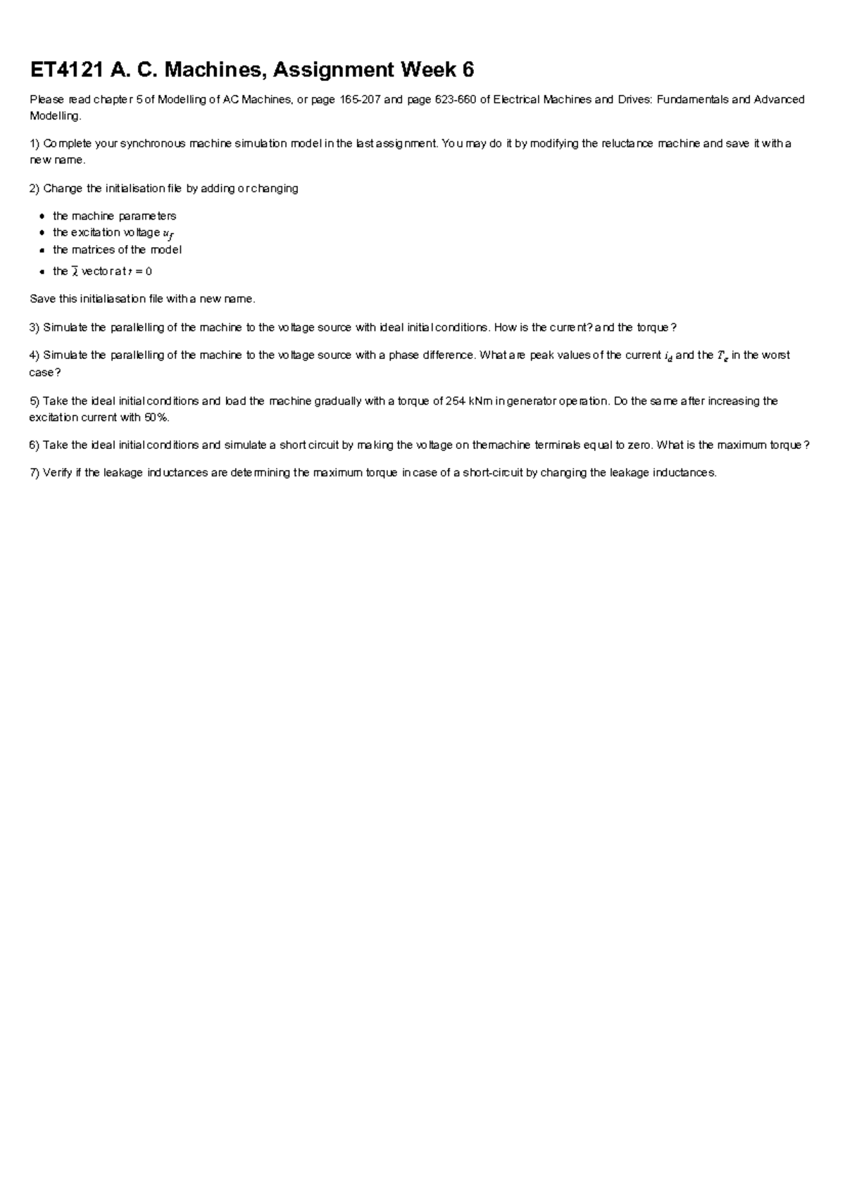 ET4121 Week 6: Synchronous Machine Simulation Assignment - Studeersnel