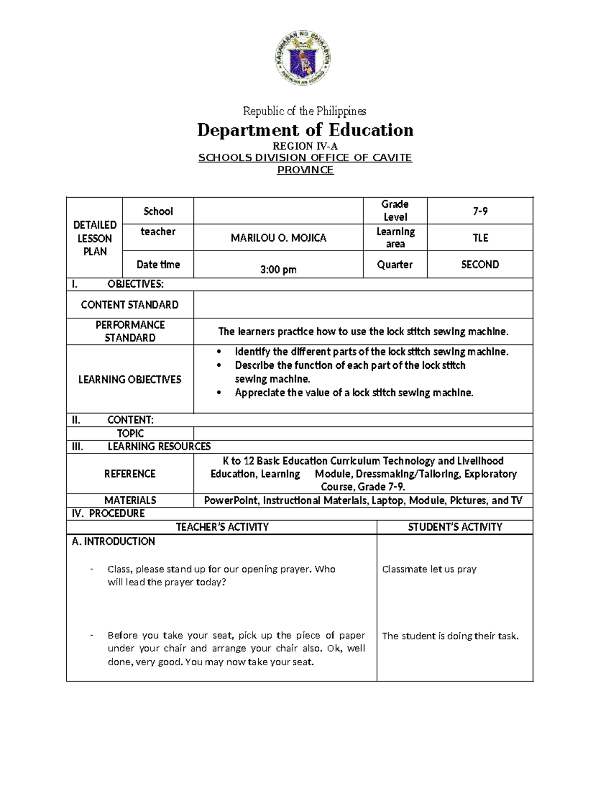 Final Demo Lesson Plan: TLE Grade 7 - Lock Stitch Sewing Machine - Studocu