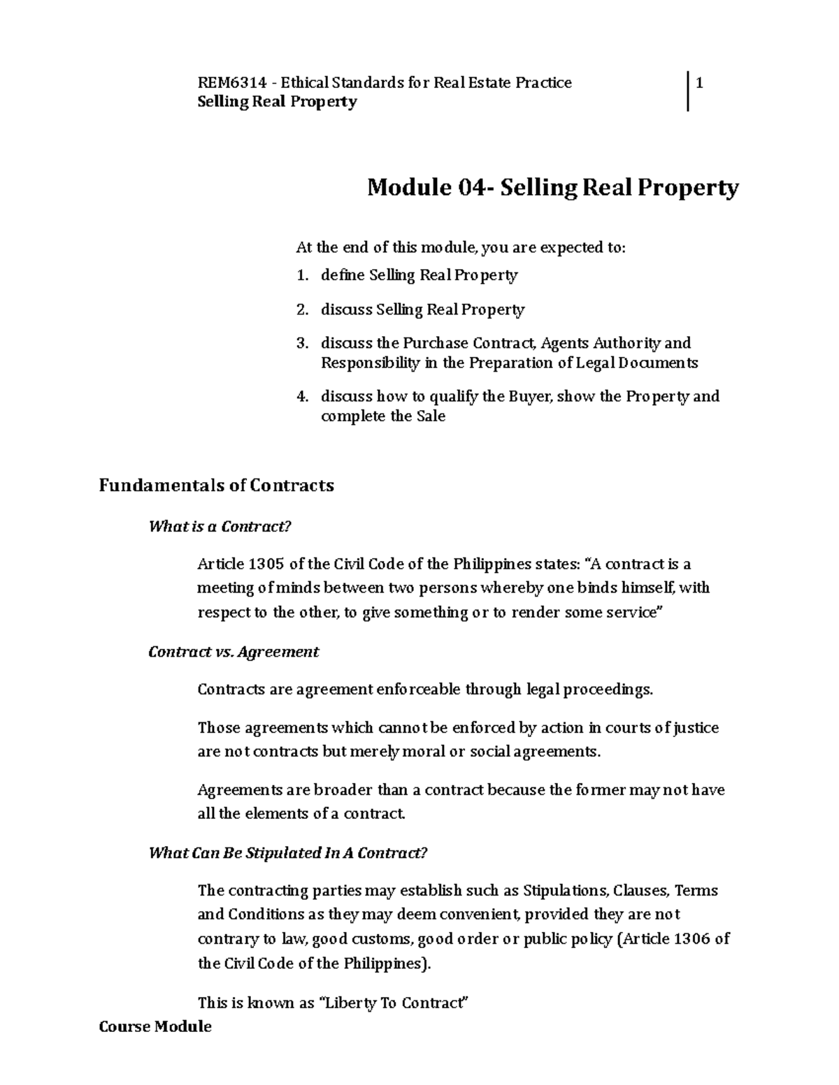 REM6314 Selling Real Property: Ethical Standards & Contract ...