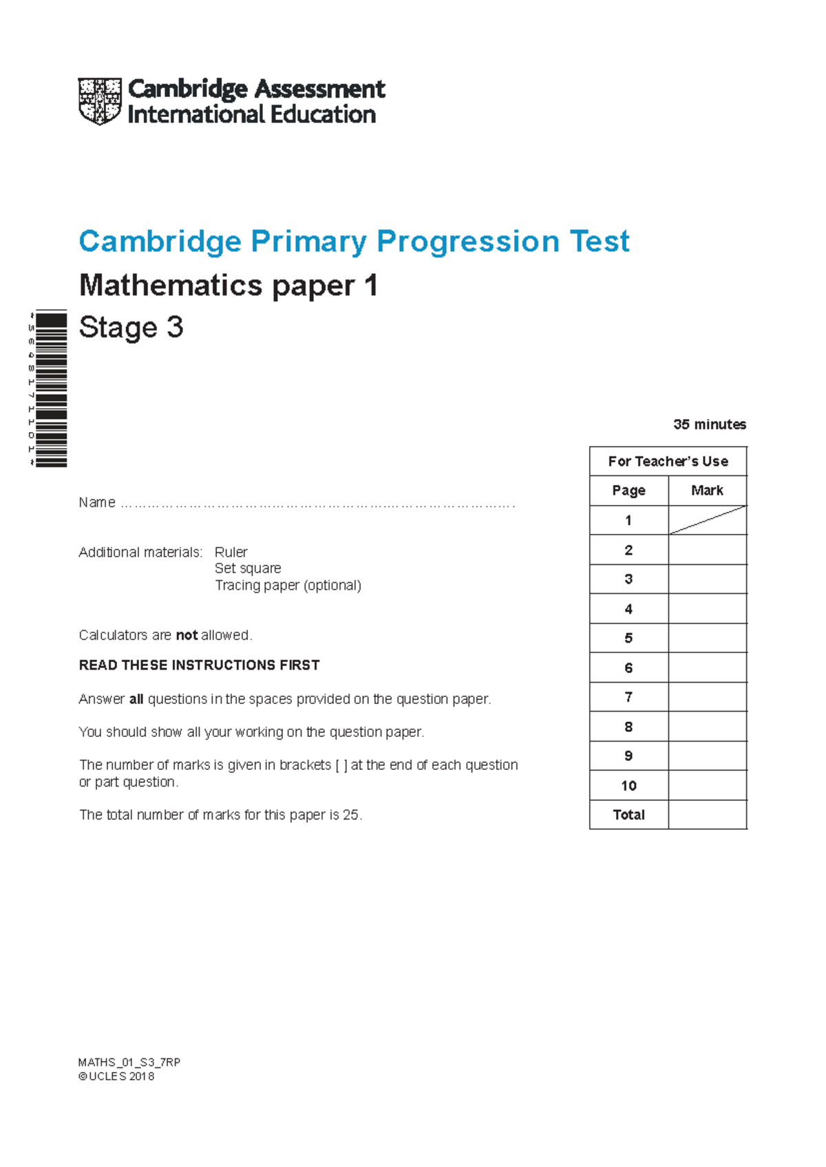 2018 Cambridge Primary Progression Test Maths Stage 3 QP Paper 1 tcm142 ...
