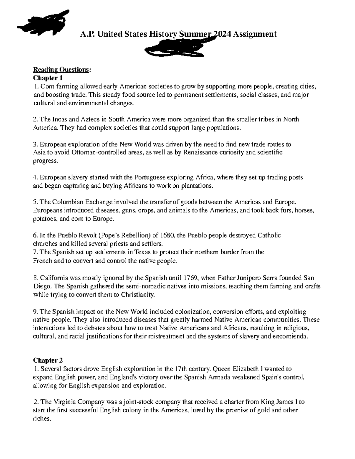 AP US History 2024 Summer Assignment: Key Reading Questions and Notes ...