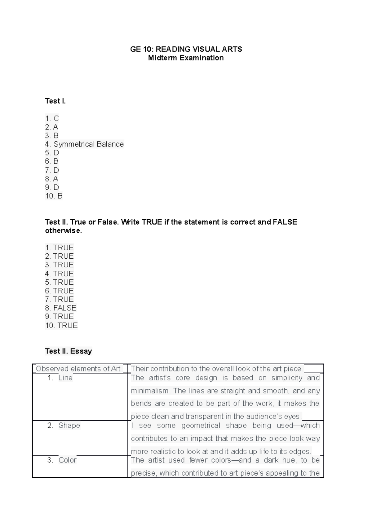 Reading Visual Arts Midterm Exam - GE 10: READING VISUAL ARTS Midterm ...