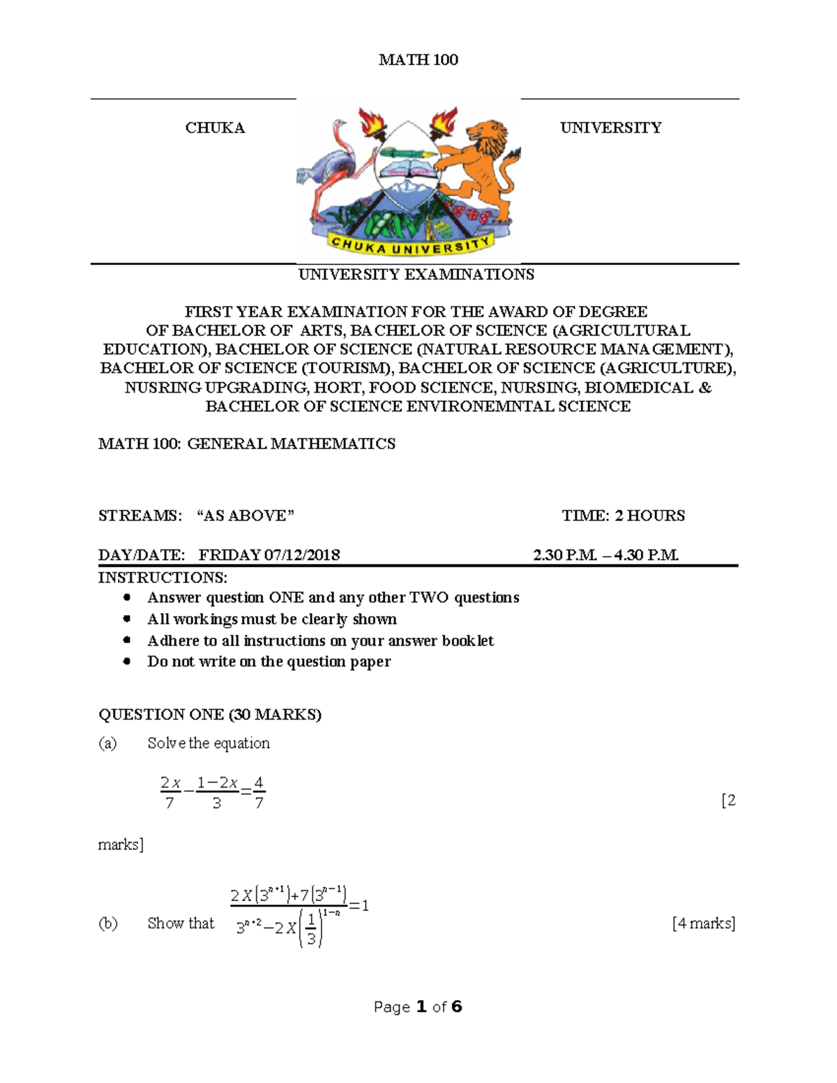 MATH 100 - General Mathematics Past Exam Papers and Solutions - Studocu