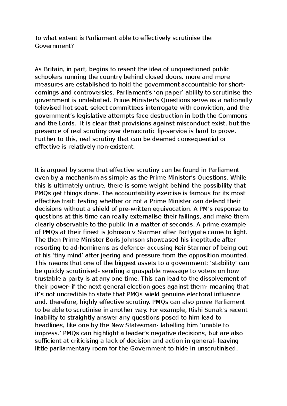 Parliament's Effectiveness in Scrutinising the Government: A Critical ...