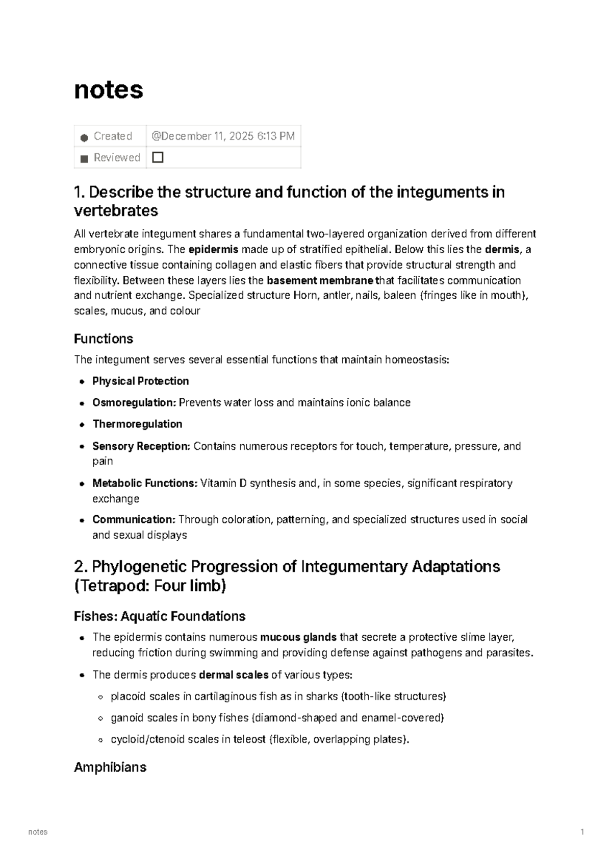 Vertebrate Integument and Organ Development Notes (BIO 101) - Studocu