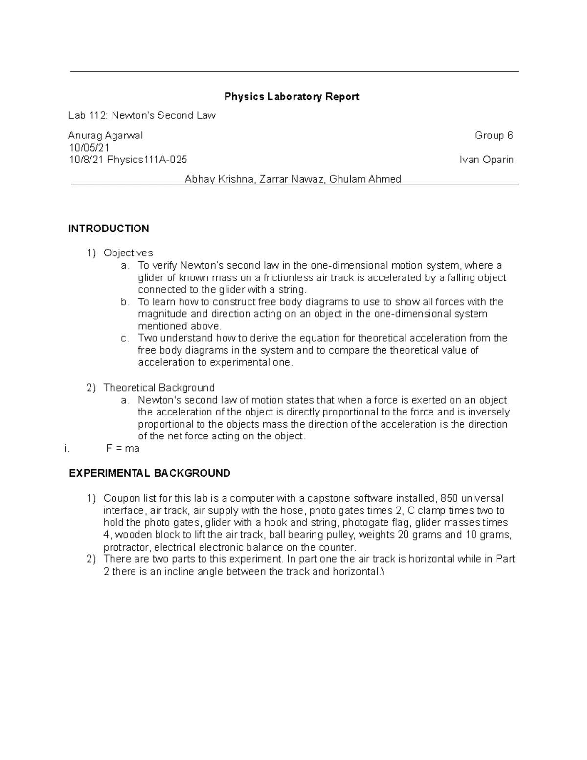 Lab 111 Projectile Motion - Physics Laboratory Report Title (5 points ...