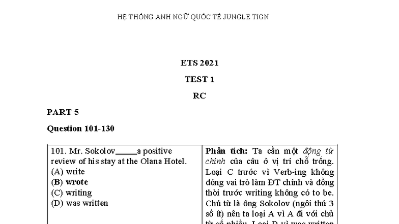 HỆ THỐNG ANH NGỮ QUỐC TẾ JUNGLE TIGN ETS 2021 TEST 1 RC PART 5 ...