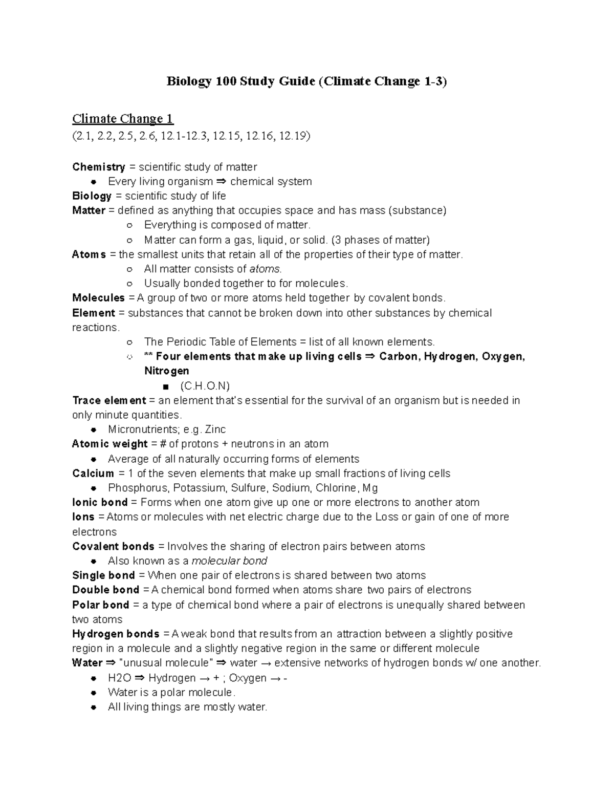 BIO 100 Study Guide - Biology 100 Study Guide (Climate Change 1-3 ...