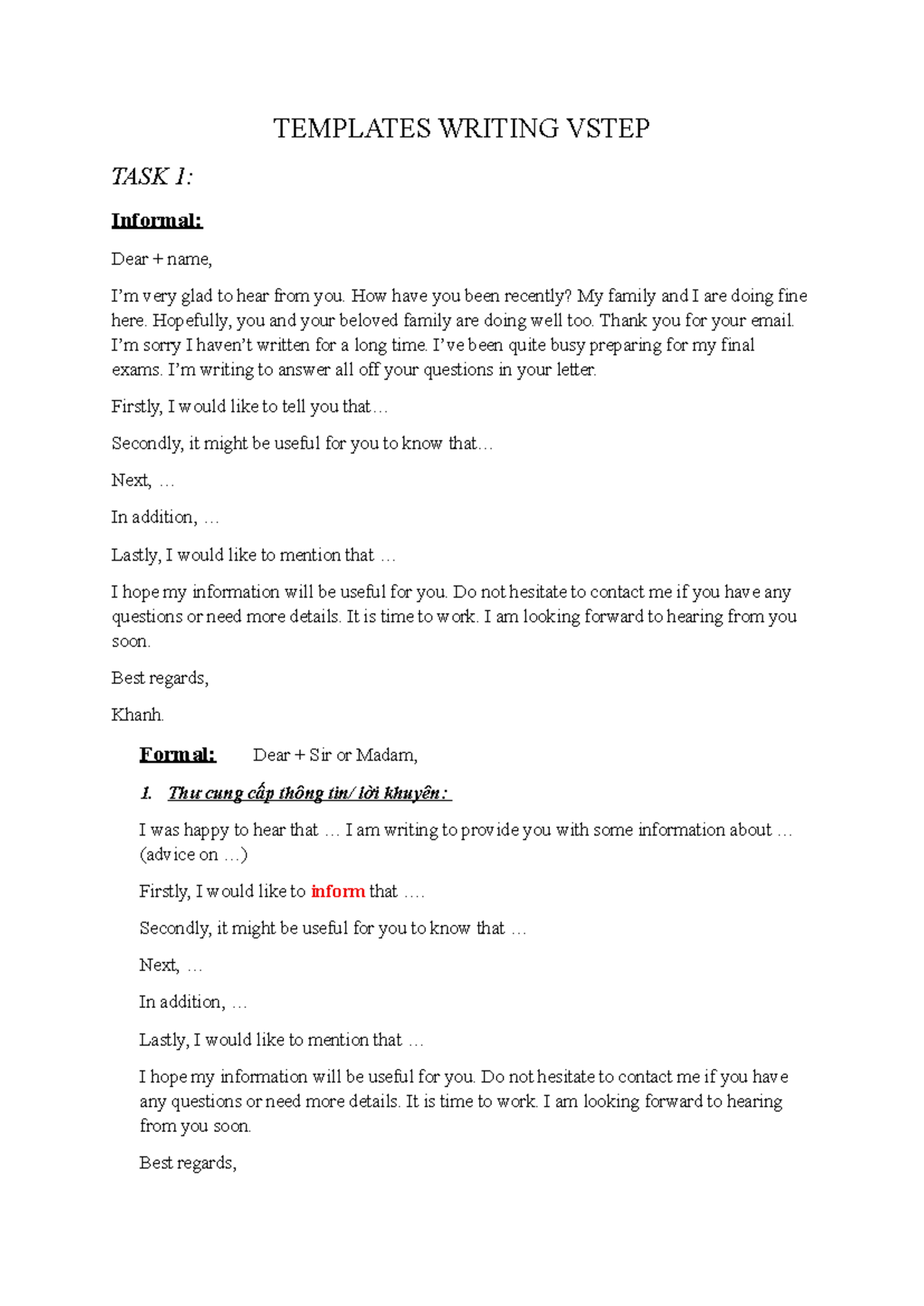 Templates for Writing VSTEP Task 1: Informal & Formal Letters - Studocu